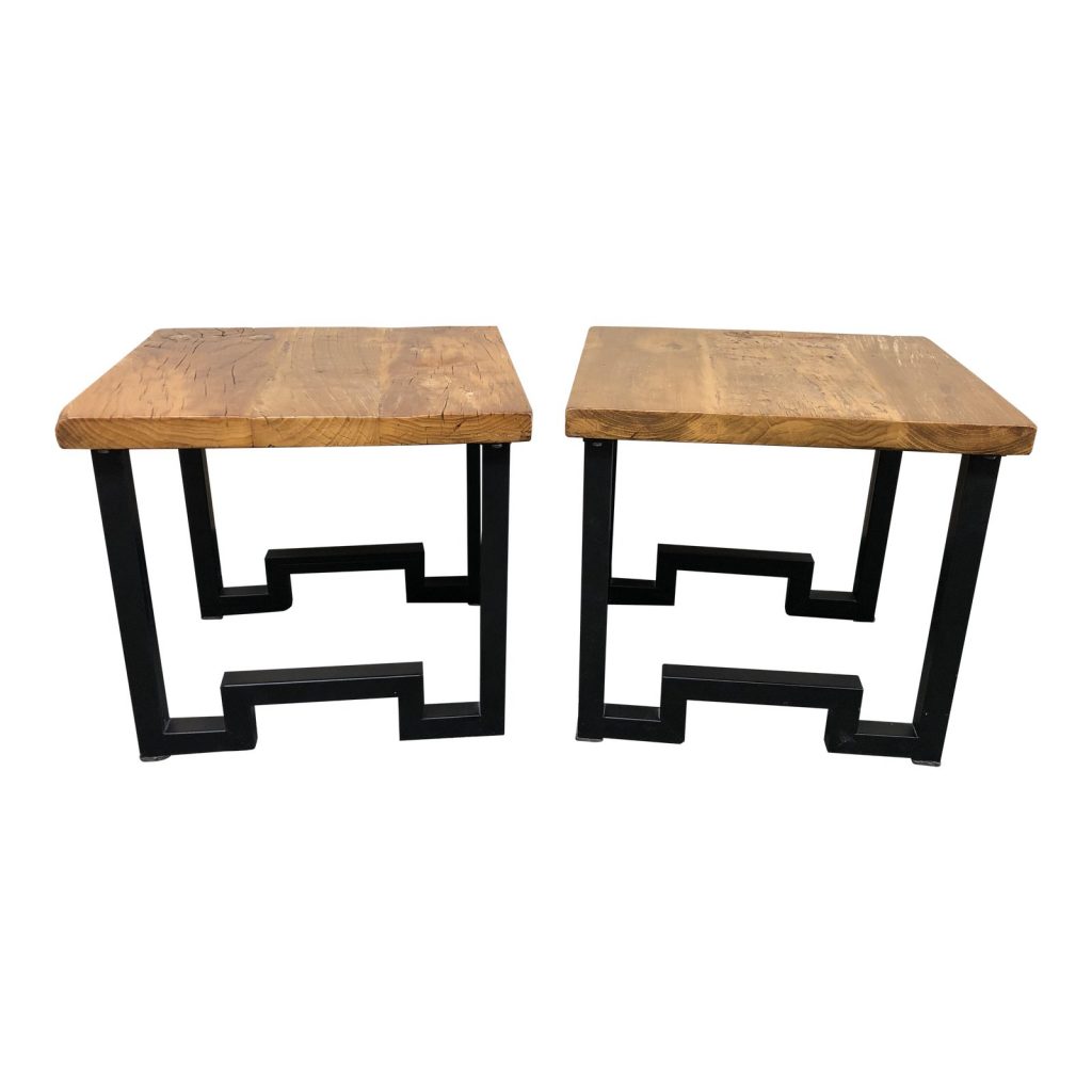 Pair of Custom Reclaimed Wood + Metal Side Tables - Design Plus Gallery
